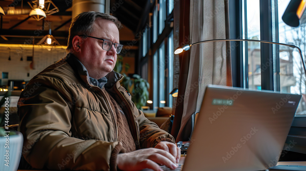A Man with Down Syndrome Engages with Technology, Working on a Laptop ...