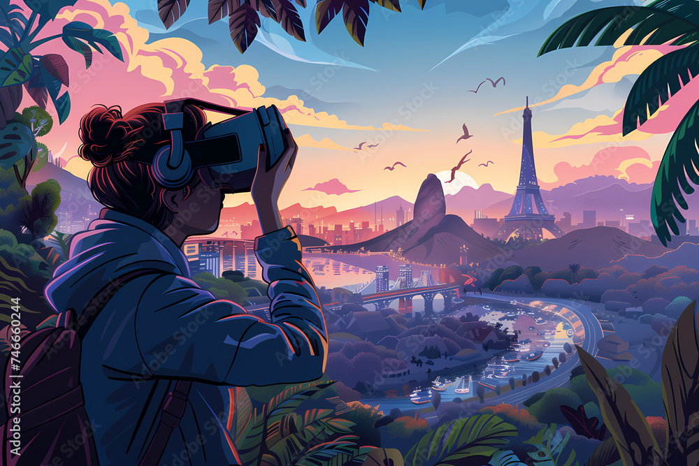 Virtual Travel Adventures: Illustrate a person using VR to explore ...
