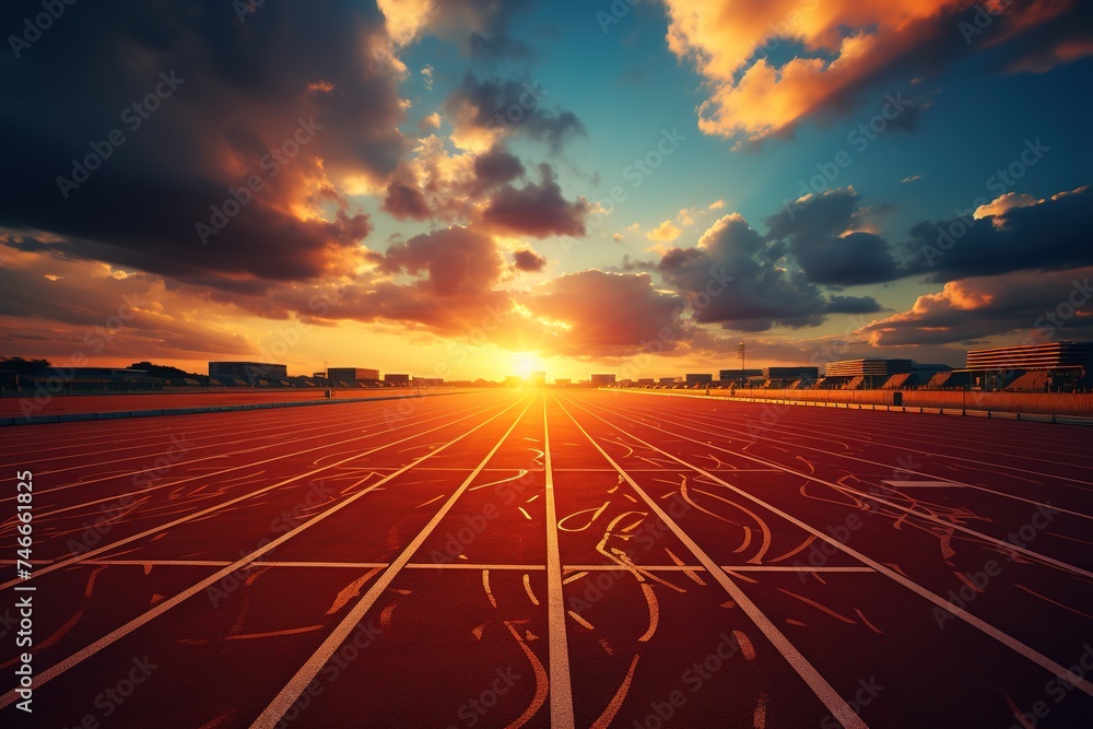 a running track at sunset, in the style of photorealistic landscapes ...