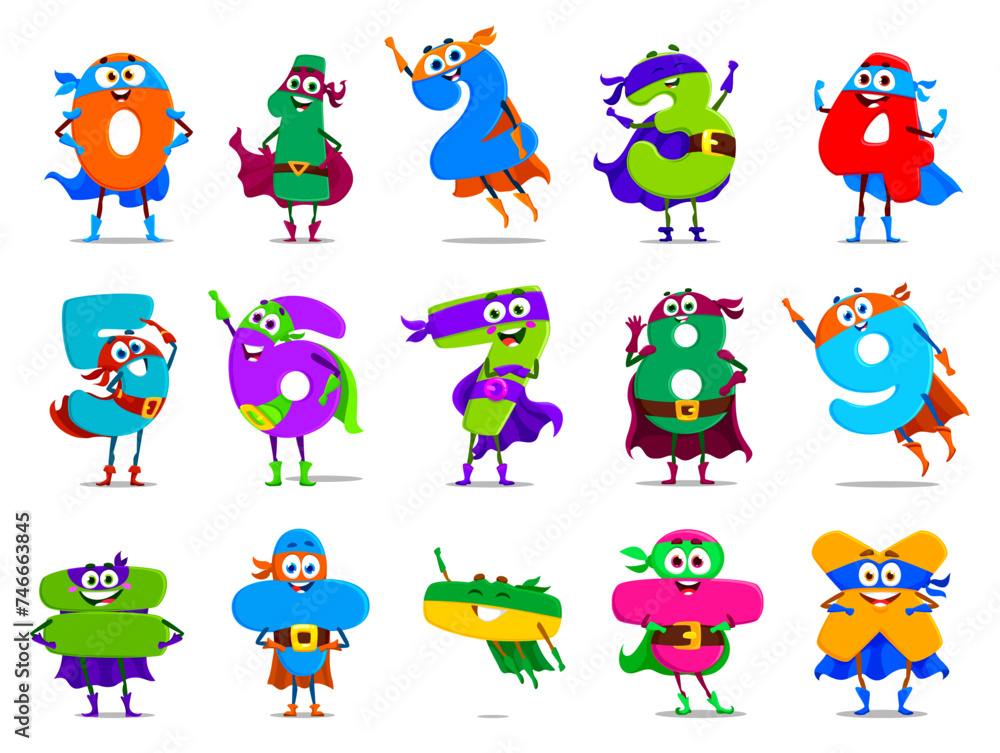Cartoon math number nine superhero characters wear cape and mask ...