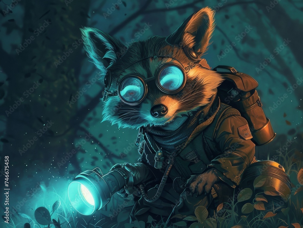 An imaginative depiction of a tech enhanced raccoon pilot exploring a ...