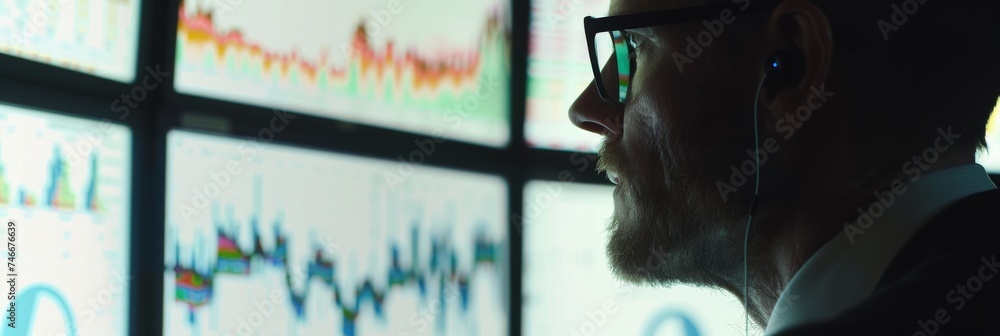 Data analytics expert analyzing complex charts on multiple screens ...