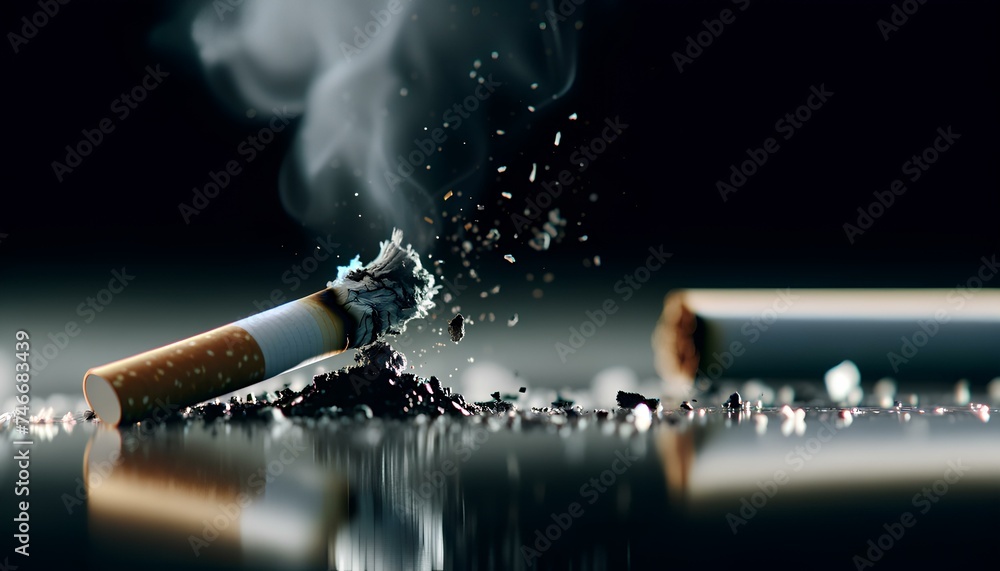 image of a cigarette being extinguished, with the ashes and smoke ...