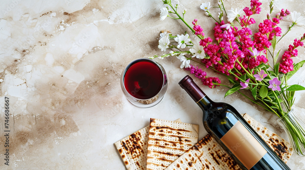 Elegant Passover celebration setting with wine, matzo and spring flowers on marble table, top ...