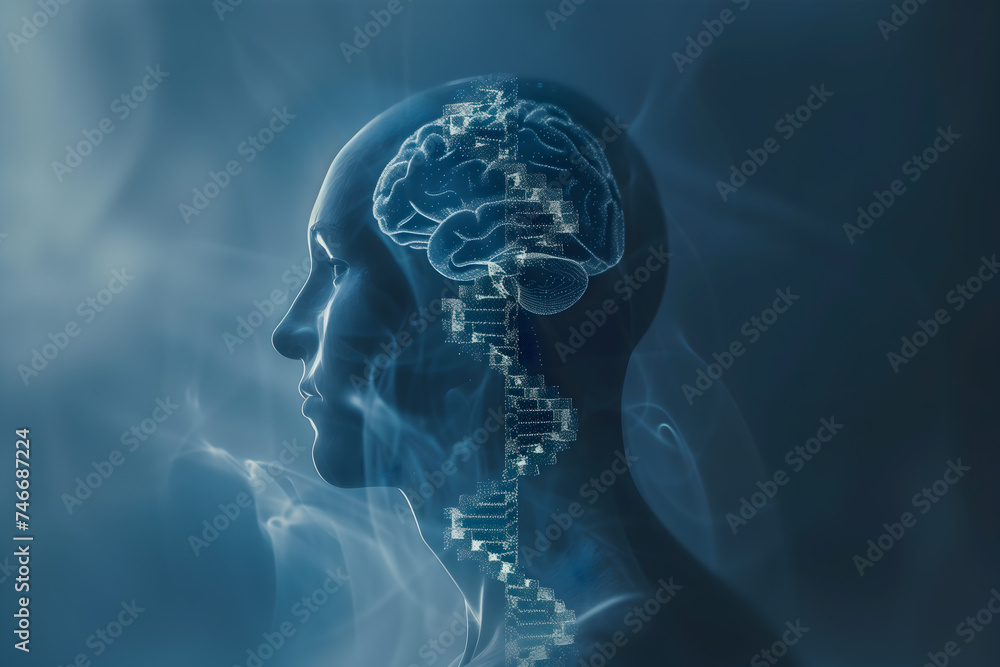 An intricate visual of a human profile with a brain transforming into ...