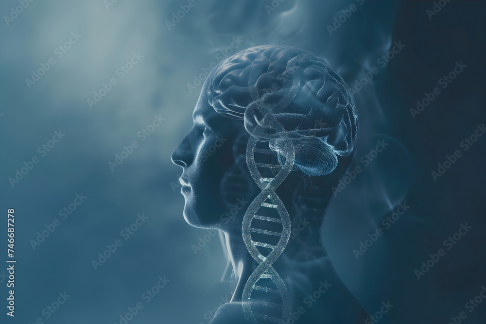 An intricate visual of a human profile with a brain transforming into ...