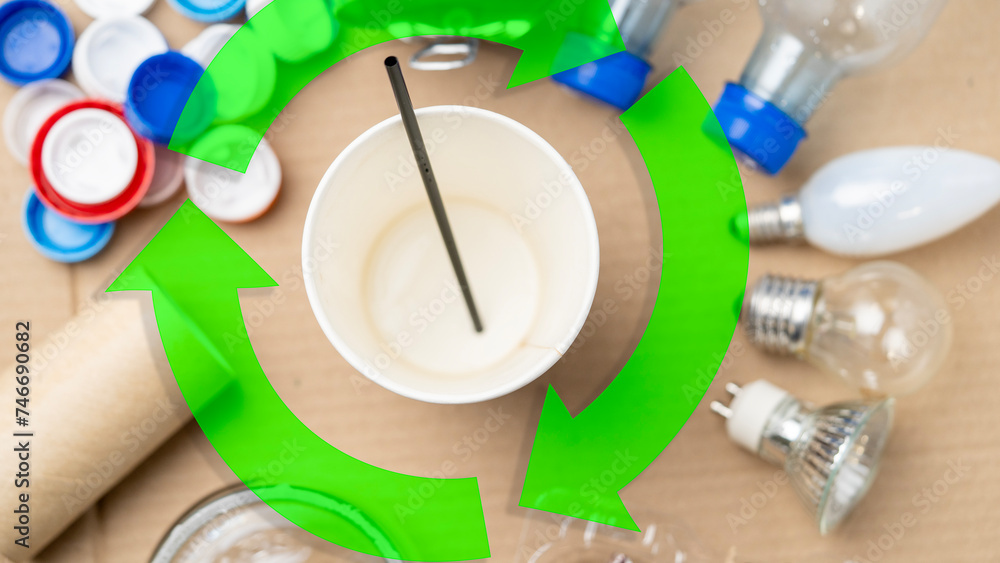 Cardboard cup and plastic straw. Recycling, concept Eco, Recycle sign ...