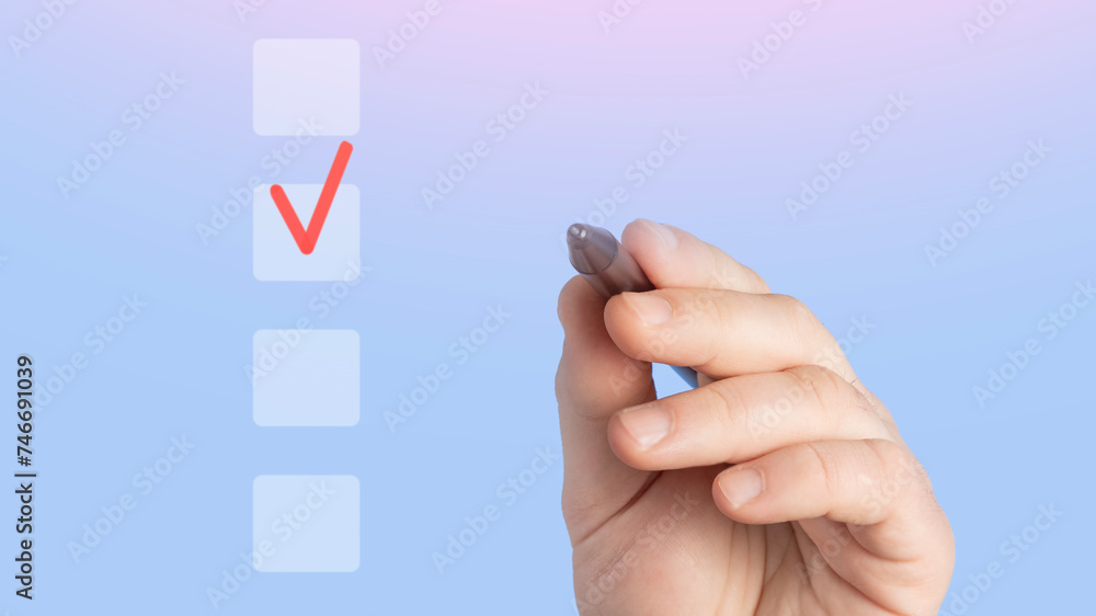 Hand with pen and checkbox, choice concept. Checklist concept ...