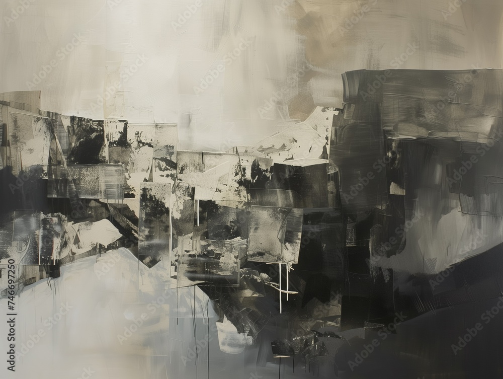 Black-and-white abstract painting of blocky jumbled shapes in subtle ...