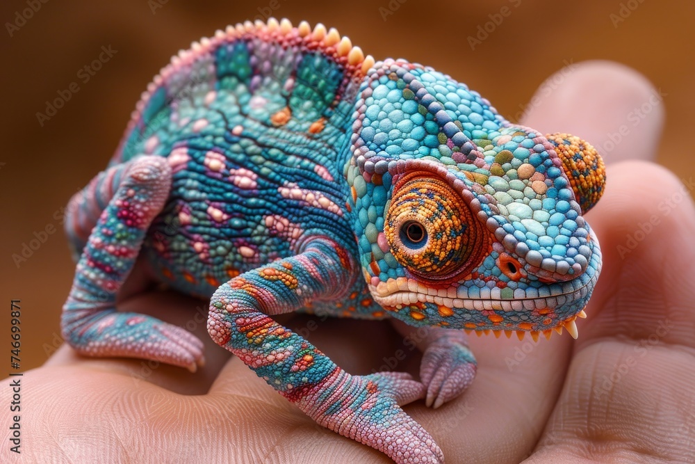 A person's hand cradles a tiny chameleon, revealing its vivid scales ...