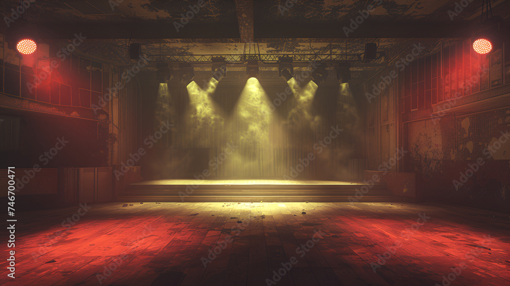Stage with illuminated spotlights, Blue spotlight smoke stage ...