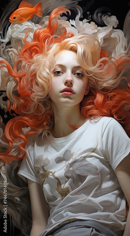 an inverted fish swimming on water, in the style of art, mixes ...