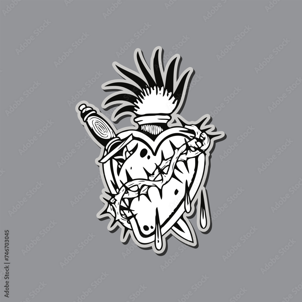 Vecteur Stock Black and white old school sacred heart of Jesus tattoo ...