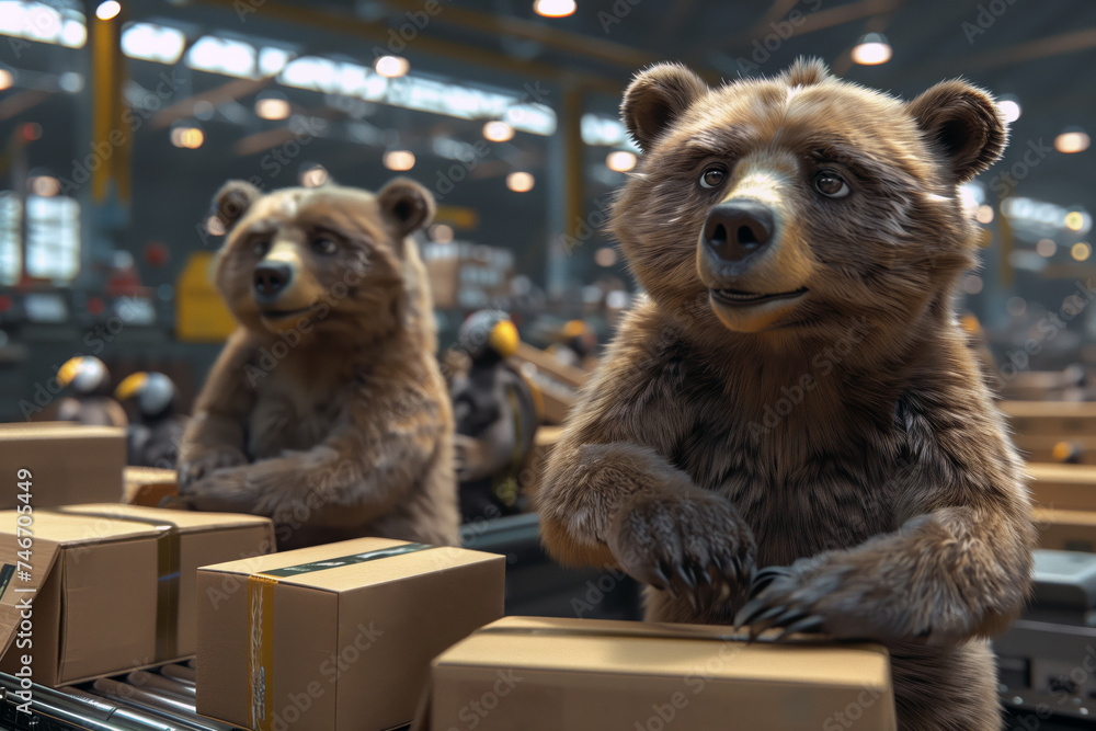 Bears are dressed in work attire, diligently handling packages on a ...