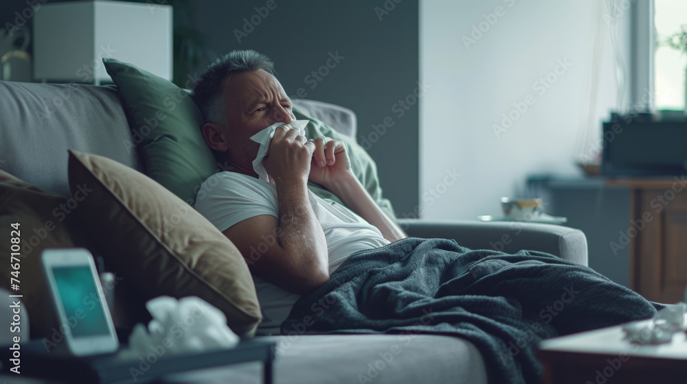 man lying on a couch, blowing his nose with a tissue, appearing to be ...