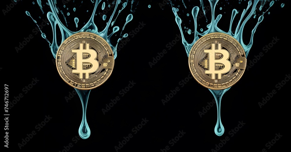 A singular Bitcoin coin emerges from a deep blue liquid, representing ...