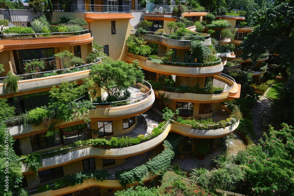 A cozy building with a terrace, luxurious green roof gardens and the ...