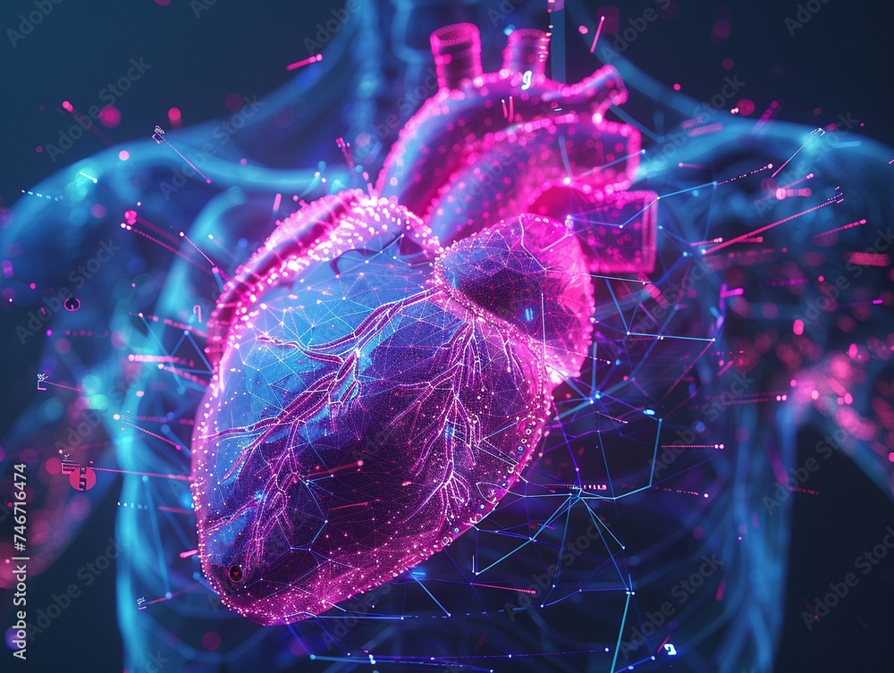 3d render of a wireframe human heart beating in a holographic chest ...