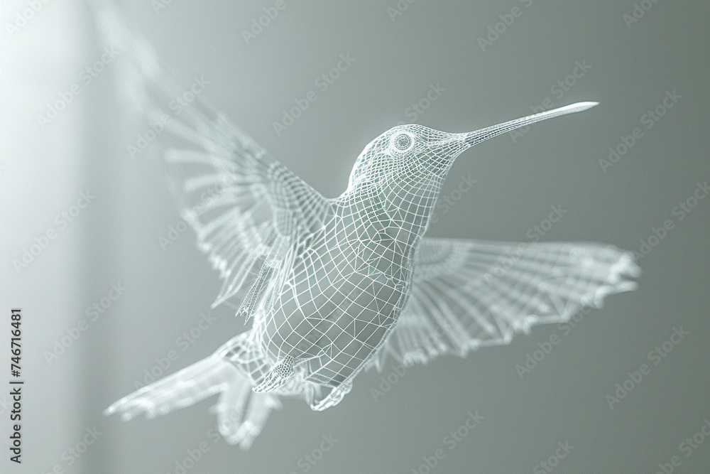 3d render of a wireframe hummingbird hovering with fast wing motion ...