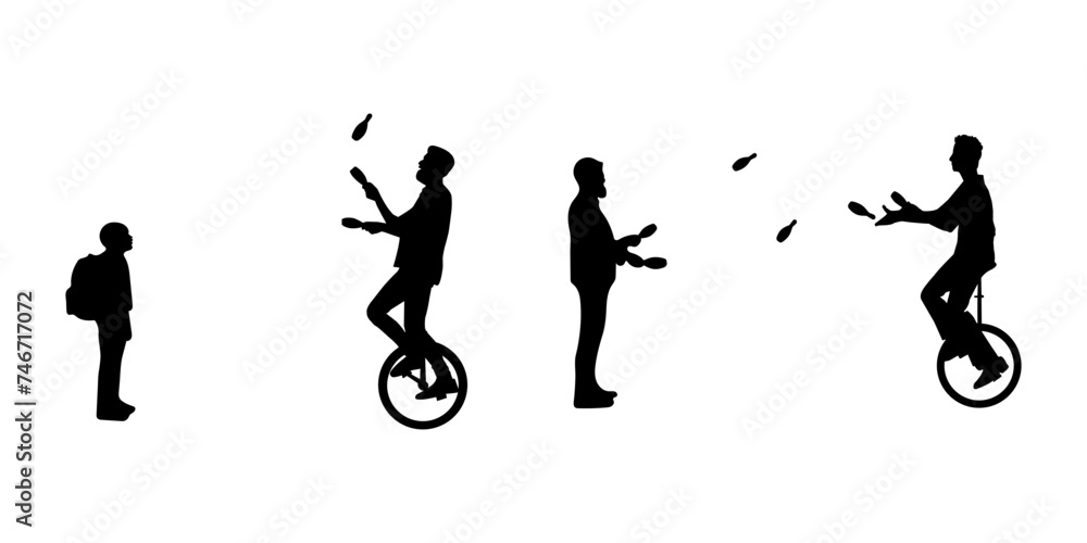 Magician riding unicycle. Set of male jugglers on a unicycle juggling ...