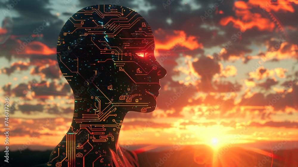 Robot silhouette facing sunrise double exposure with circuit patterns ...