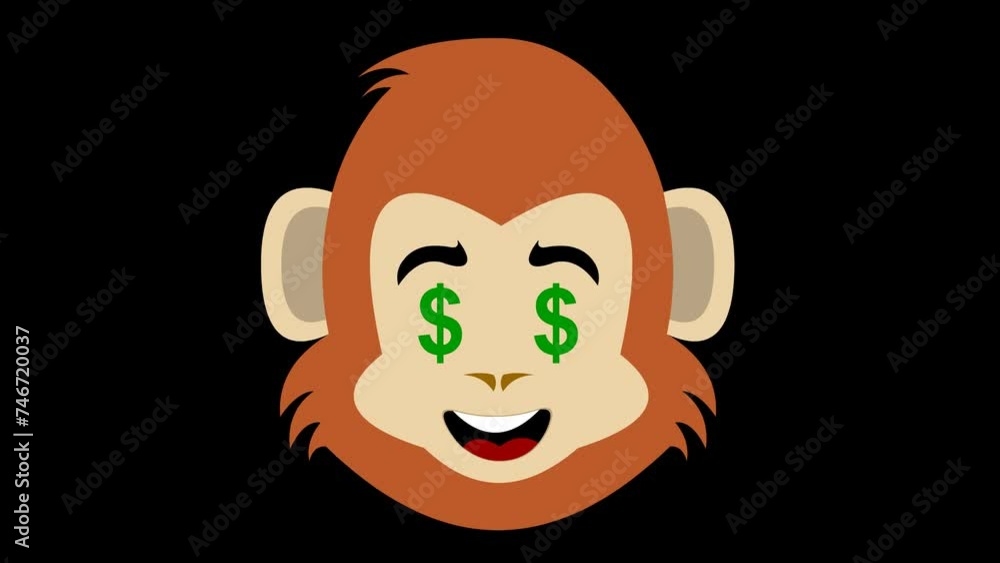 video animation face monkey, primate or chimpanzee cartoon with dollar ...