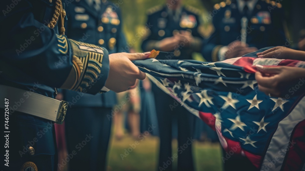Military ceremony with handover of the US flag. Stock Photo | Adobe Stock