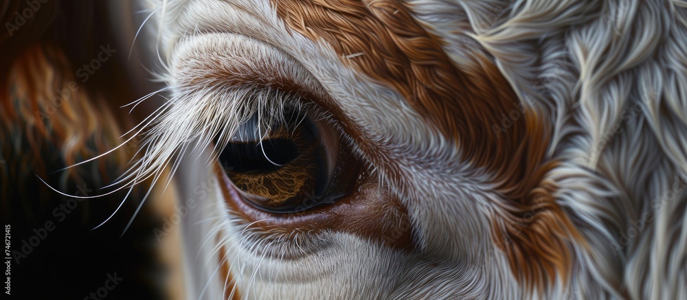 This close-up shot features the intricate details of a brown and white ...