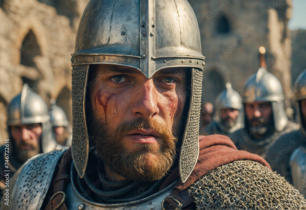 Closeup of medieval Christian knight with helmet, armor and beard with ...