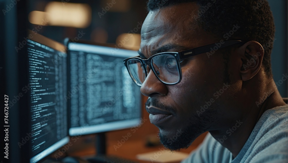 Black Man Working on Computer, Lines of Code Language Reflecting on his ...