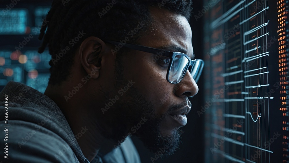 Black Man Working on Computer, Lines of Code Language Reflecting on his ...