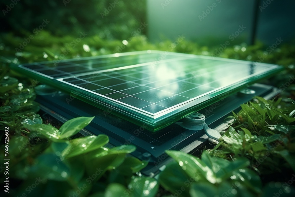 Solar panels in the garden. Solar power plant among trees and bushes ...