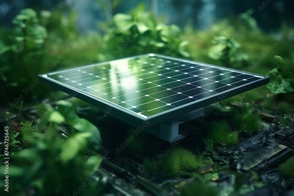 Solar panels in the garden. Solar power plant among trees and bushes ...