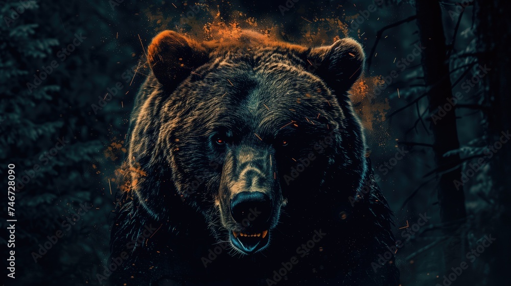 A menacing grizzly bear logo emerging from the darkness of a forest ...