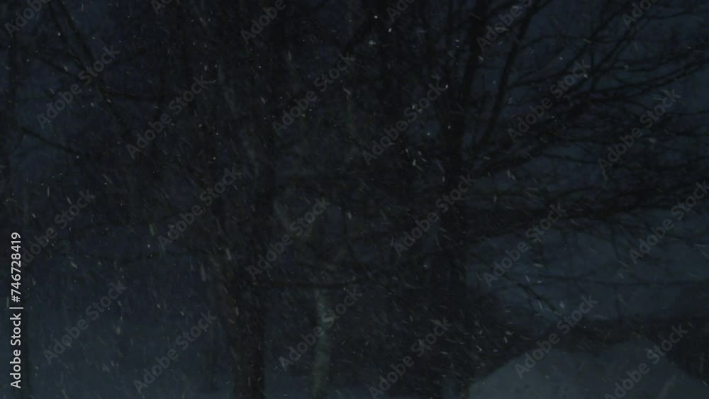 Cloudy sky and falling snow in the dark, a real blizzard, snow storm in Canada. Wind speed dust ...