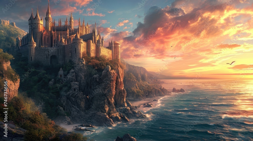 A medieval castle on a cliff overlooking the ocean, with knights and ...