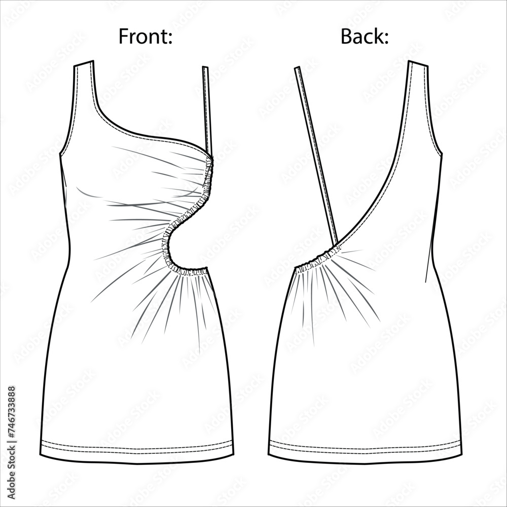 Vector mini dress fashion CAD, woman bodycon sleeveless dress technical ...