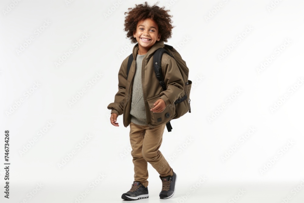 full height African American schoolboy boy laughs, with a backpack ...