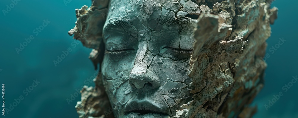 The damaged visage of a mermaid sculpture, its chipped features ...