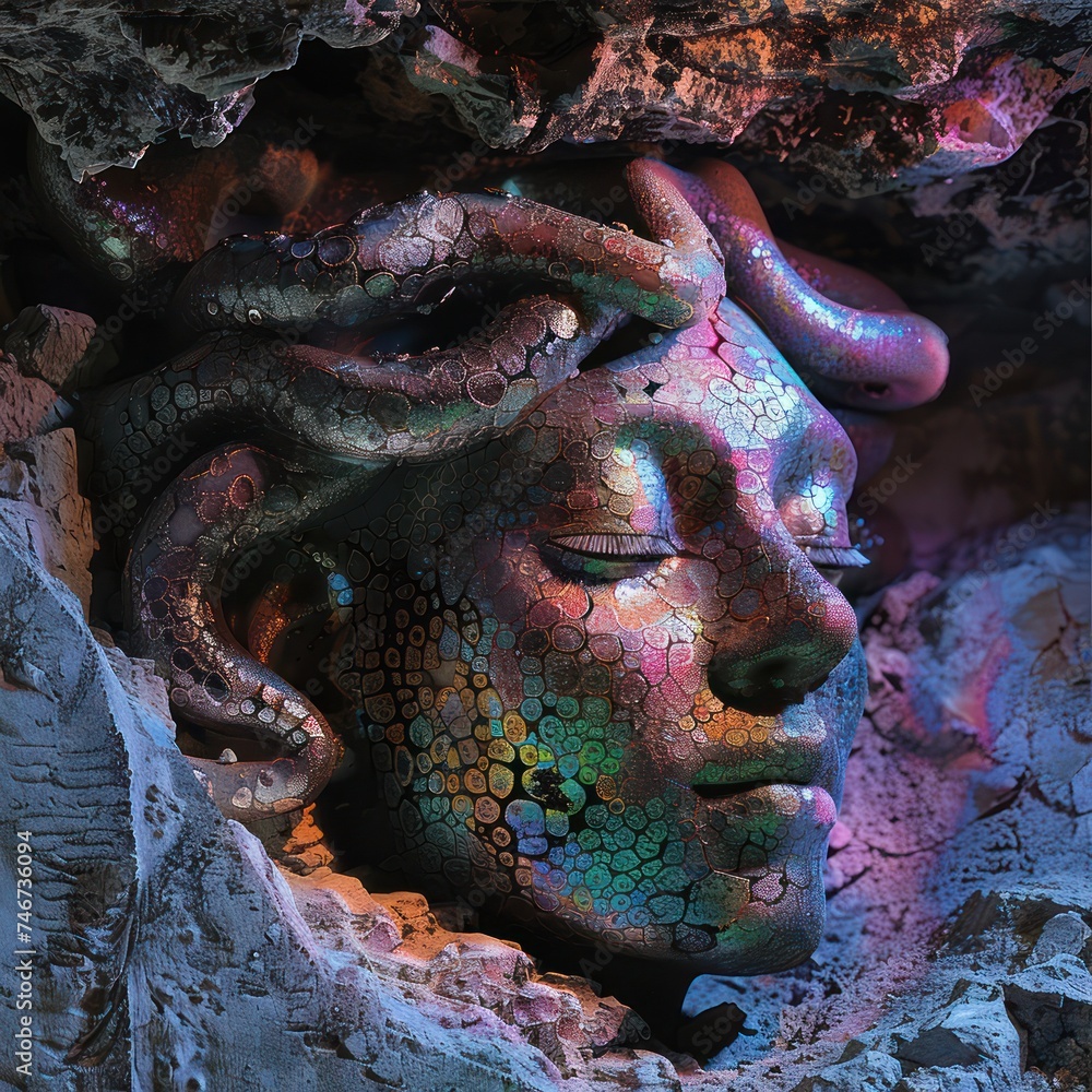A hyper-realistic rendition of a Medusa statue underwater in an oceanic ...