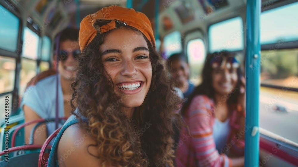 Joyful ride: fun students on a school bus, sharing laughter and ...