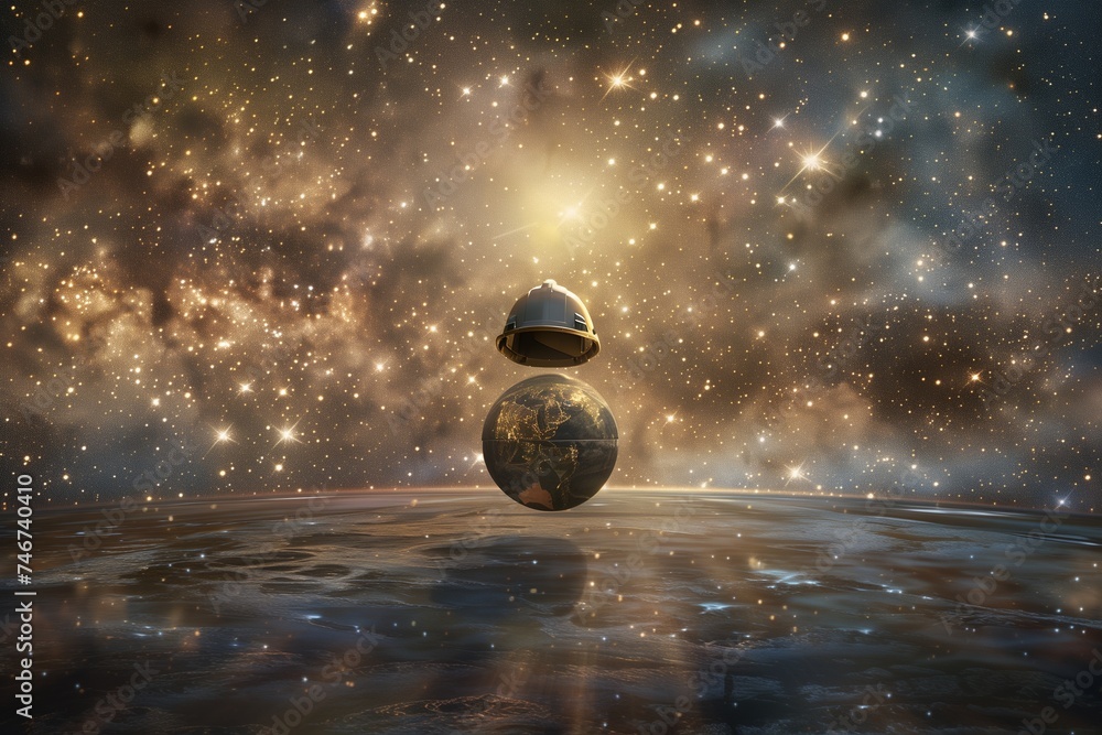 An artistic composition featuring a worker helmet floating above a ...