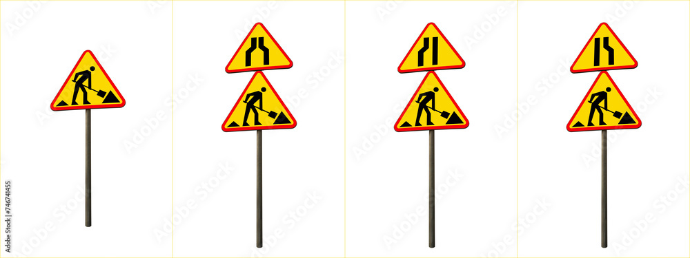 Road signs 3D , road works are underway and road narrowing - right ...