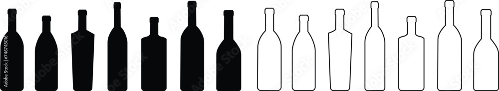 Wine beer black line or flat bottles icon set. Bar, pub, brew symbol ...