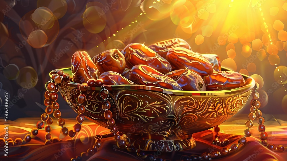 Arabian finest date fruits with an Islamic rosary in an ornate basin ...