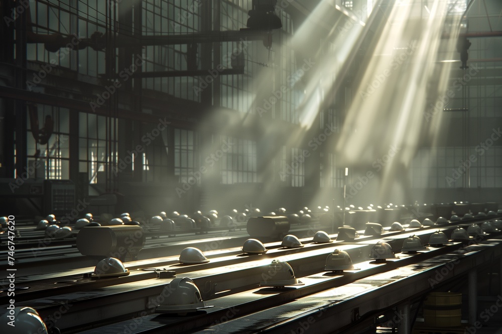 Inside a vast, quiet factory, a single beam of sunlight pierces through ...