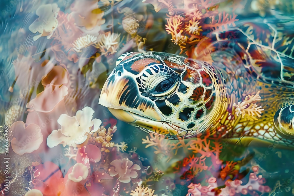 A sea turtle blending with the colors and textures of coral reefs in a ...