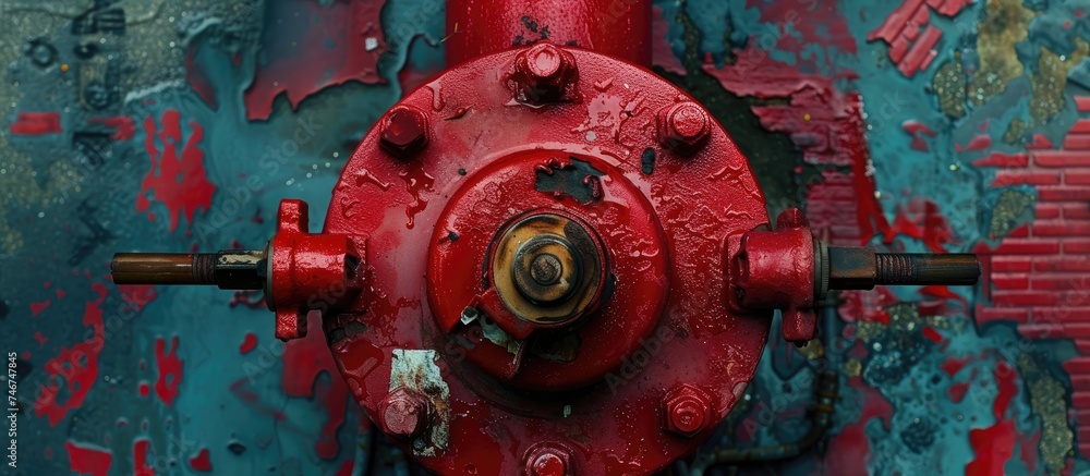 This close-up shot showcases a vibrant red fire hydrant, highlighting ...