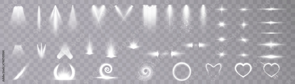 Set of lighting effects. Glowing isolated set of bright transparent light effects, spotlight ...
