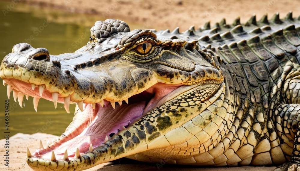 a large alligator with it's mouth open and it's mouth wide open in ...